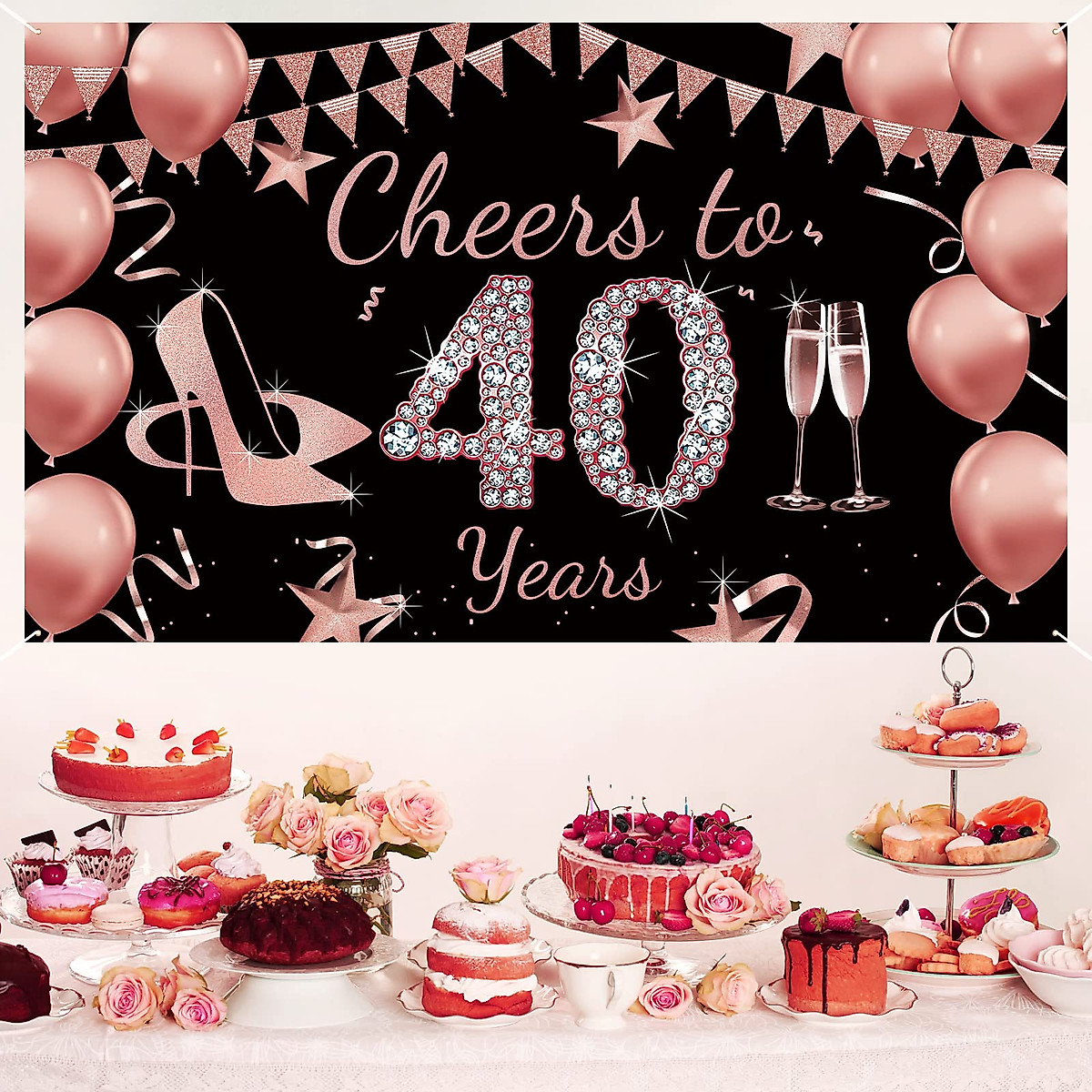 Cheers to 40 Years Banner Backdrop for 40th Birthday Decorations, Rose Gold 40 Year Old Birthday Party Supplies for Women, 40 Bday Decorations Party Banner Photography Background 72.8 x 43.3 Inch
