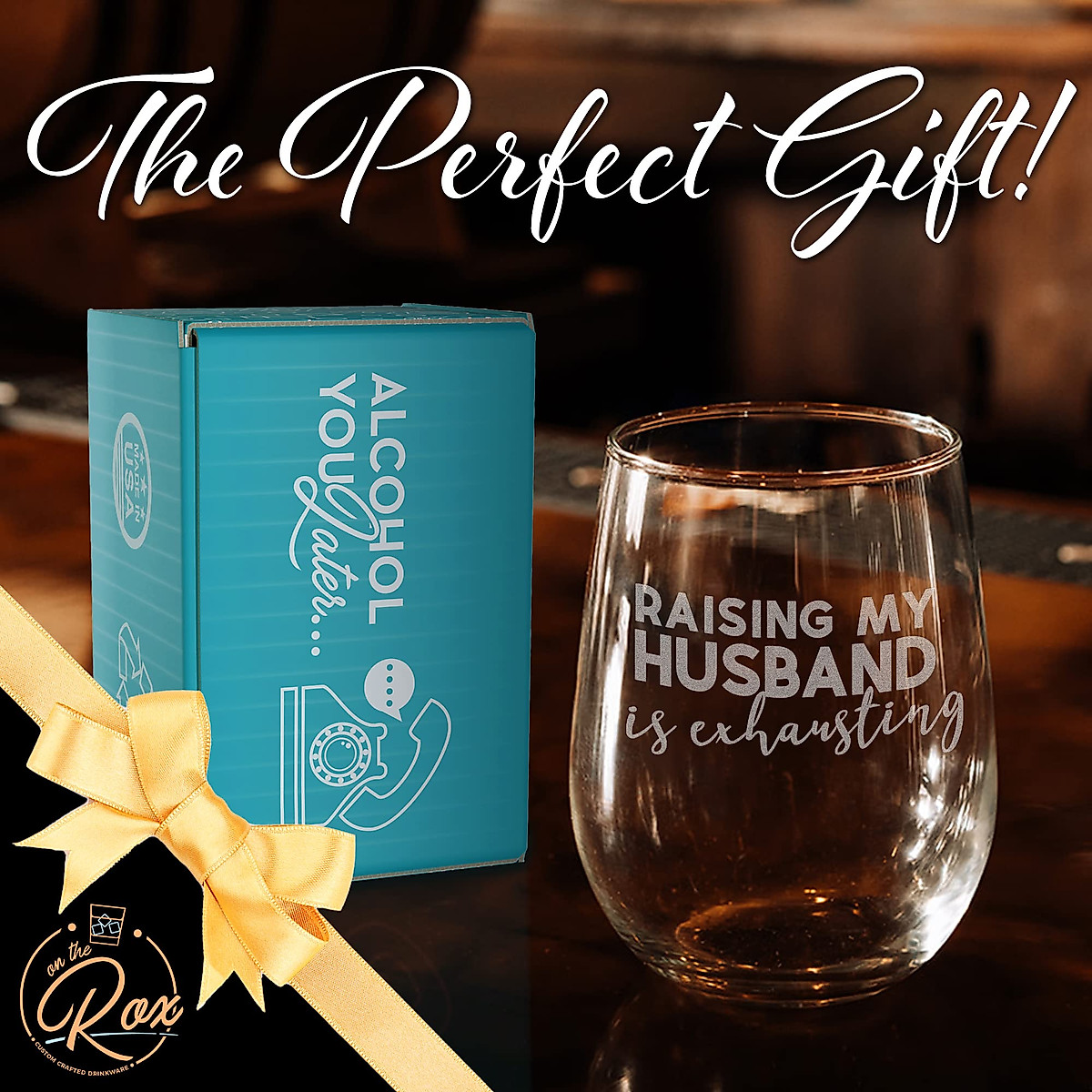 On The Rox Drinks Wine Gifts for Mom - 17 Oz Raising My Husband Is Exhausting Engraved Stemless Wine Glass - Cute Funny Mother's Day, Birthday Gifts for Mothers and Stepmoms - Fun Glasses for Women