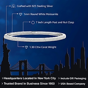 Gem Stone King 925 Sterling Silver White Moissanite 7 Inch Round Bangle Bracelet For Women | 1.30 Cttw | With Secure Locking