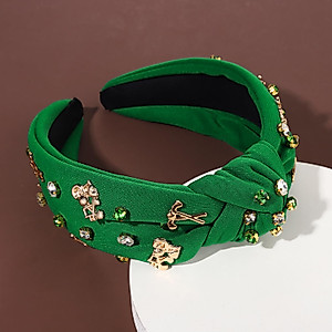 Golf Knotted Headband for Women Sports White Pearl Rhinestone Jeweled Wide Knot Headband Fun Golf Charms Twist Headpiece Game Day Hair Accessories Gift (green golf headband)