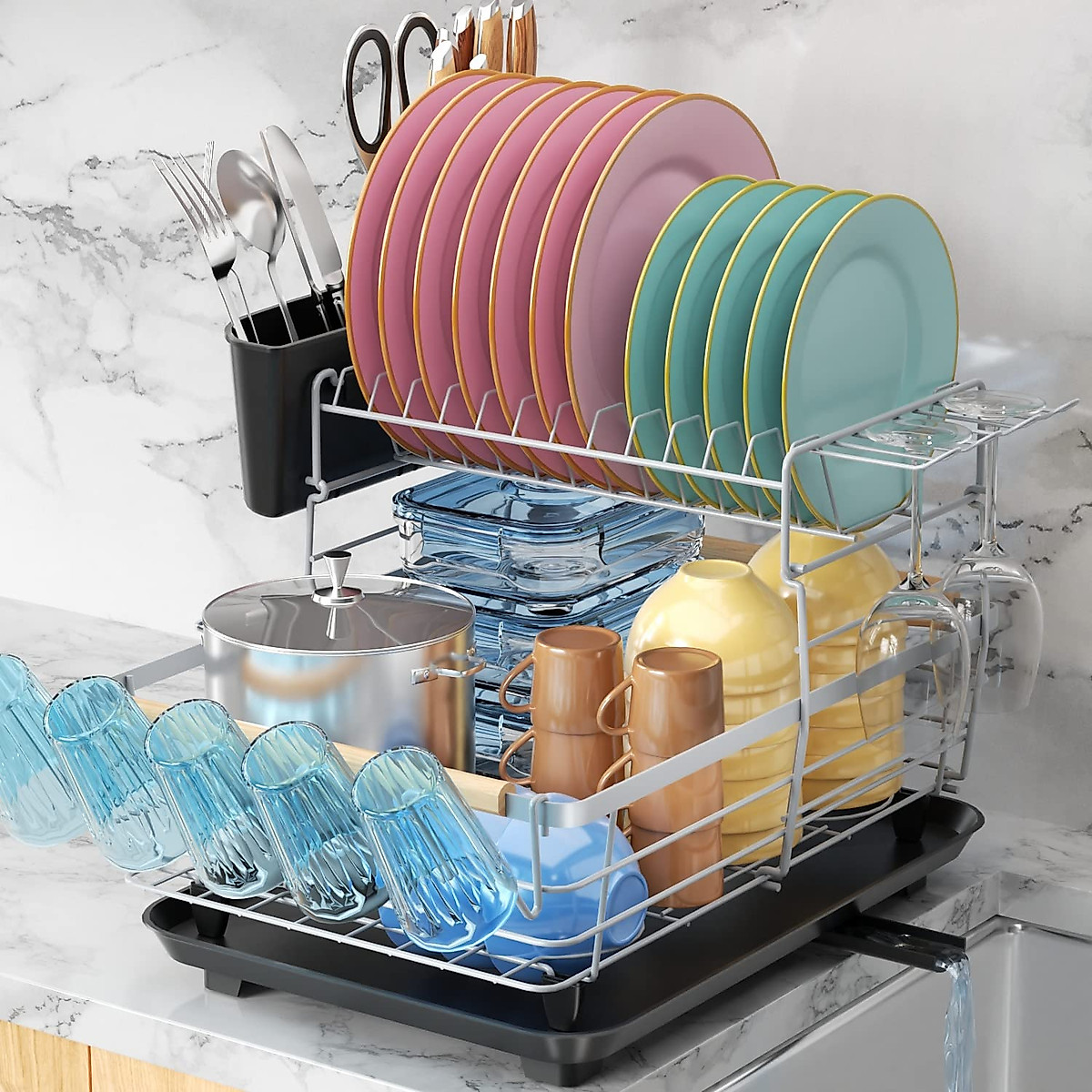 G-TING Dish Drying Rack, 2 Tier Detachable Dish Rack and Drainboard Set, Rust-Proof Drying Rack for Kitchen Counter, Large Capacity Dish Drainer with Utensils Holder and Cup Rack, Grey