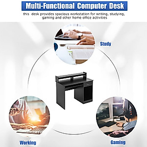 Ckofgdsue 43 inch Computer Desk with Drawers, Home Office Desk with Drawer Keyboard Tray Workstation Laptop Study Table with Shelf Small Writing Desk Black