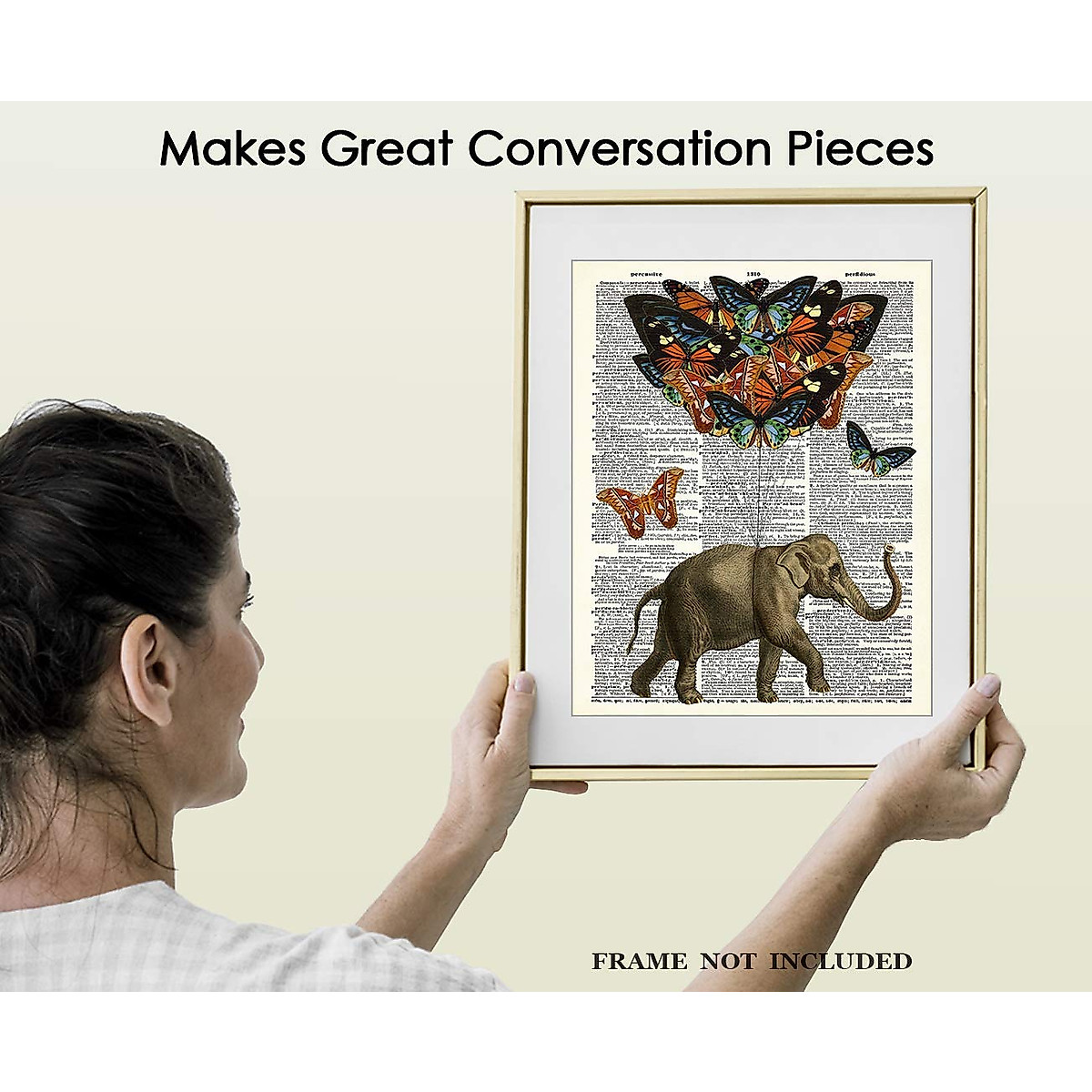 Elephant With Butterfly Balloons Dictionary Wall Art Print: Unique Room Decor for Boys, Men, Girls & Women - (8x10) Unframed Picture