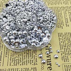 Amaney 2100pcs Silver Satin Luster ABS Imitation Pearls Half Round Pearls Assorted Mixed Sizes 3/4/5/6/8mm Flatback Pearl Beads DIY Material (Silver)
