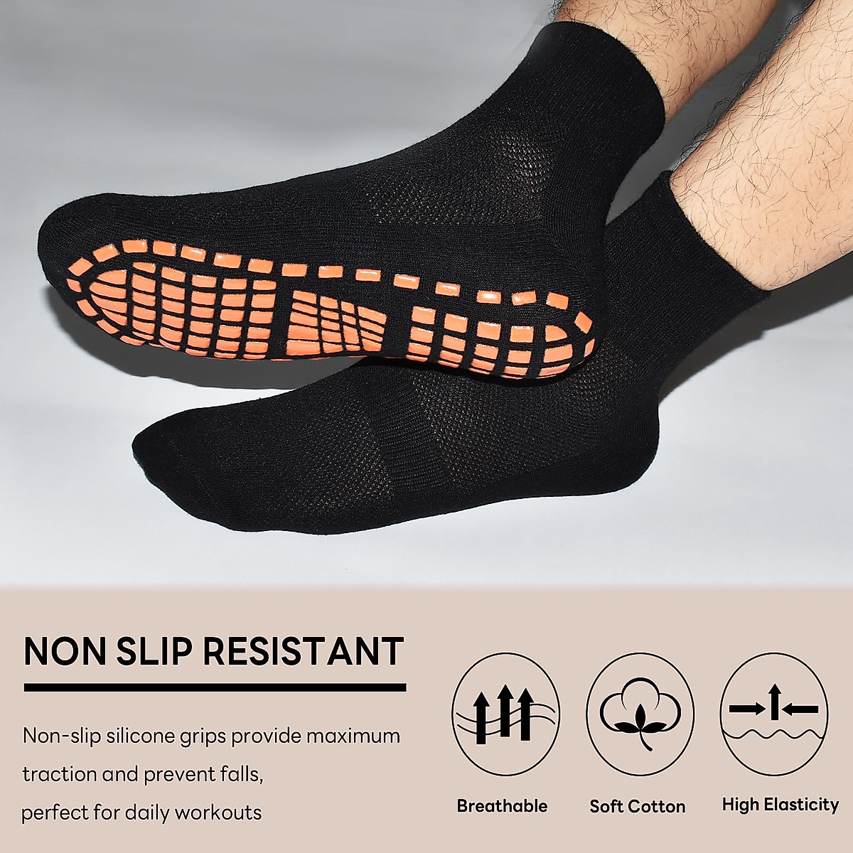 GRPSKCOS Non Slip Socks for Men House Socks with Grips 3 Pairs Anti-Skid Yoga Pilates Tile Wood Floors Hospital Slipper Socks (02 Black+black+black, 7-10)