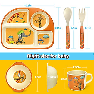 RayPard 5 Pcs Bamboo Kid Plates and Bowls Sets, Unbreakable Plastic Toddler Dinnerware Set Include Divided Plate, Bowl, Cup, Spoon, Fork, Children Durable Cartoon Tableware (Orange Elephant)