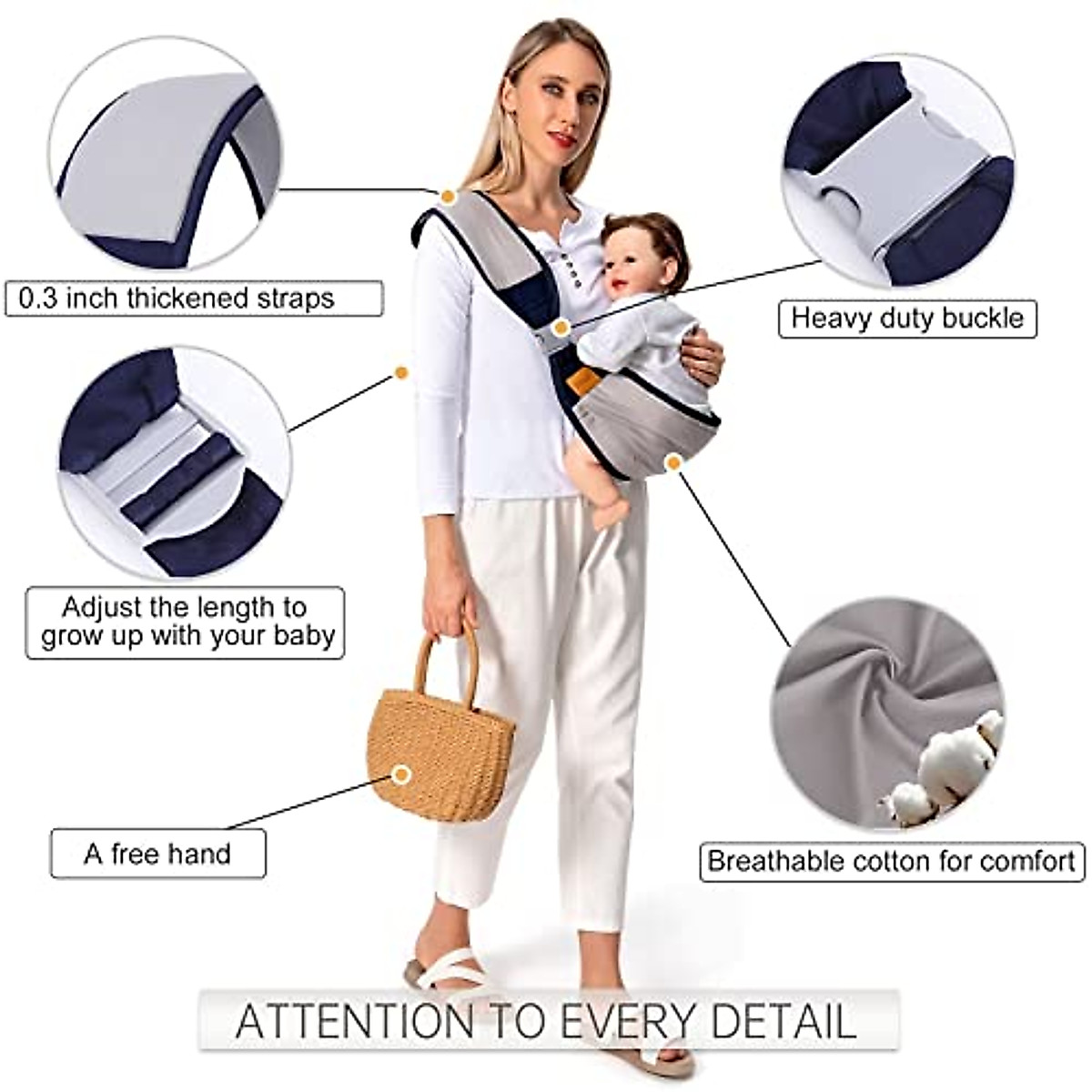 Shiaon Baby Sling Carrier Newborn to Toddler, Lightweight Baby Carrier Sling, Baby Wrap Sling, Baby Hip Seat Carrier for Toddler Sling, Baby Holder Carrier, Nursing Sling, Carrying 7-45 lbs, Grey