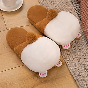 seemehappy Women Fuzzy Corgi Slippers Non-Slip Novelty Plush Animal Slippers Warm Comfy Bedroom House Shoes Gift-Brown