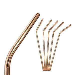 Metal Drinking Straws - 5 Rose Gold Reusable Bent Straws with 3 Cleaning Brushes - Copper Plated Stainless Steel for Moscow Mule and More