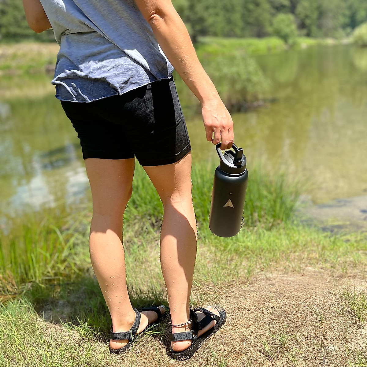 Arctic North Sports Bottle (Simple Black, 32oz / ¼ Gallon) + 2 Lid - Cold or Hot - Wide Mouth - Double Wall Water Bottle with Straw - Vacuum-Insulated Stainless Steel - Water Flask - Thermo Canteen