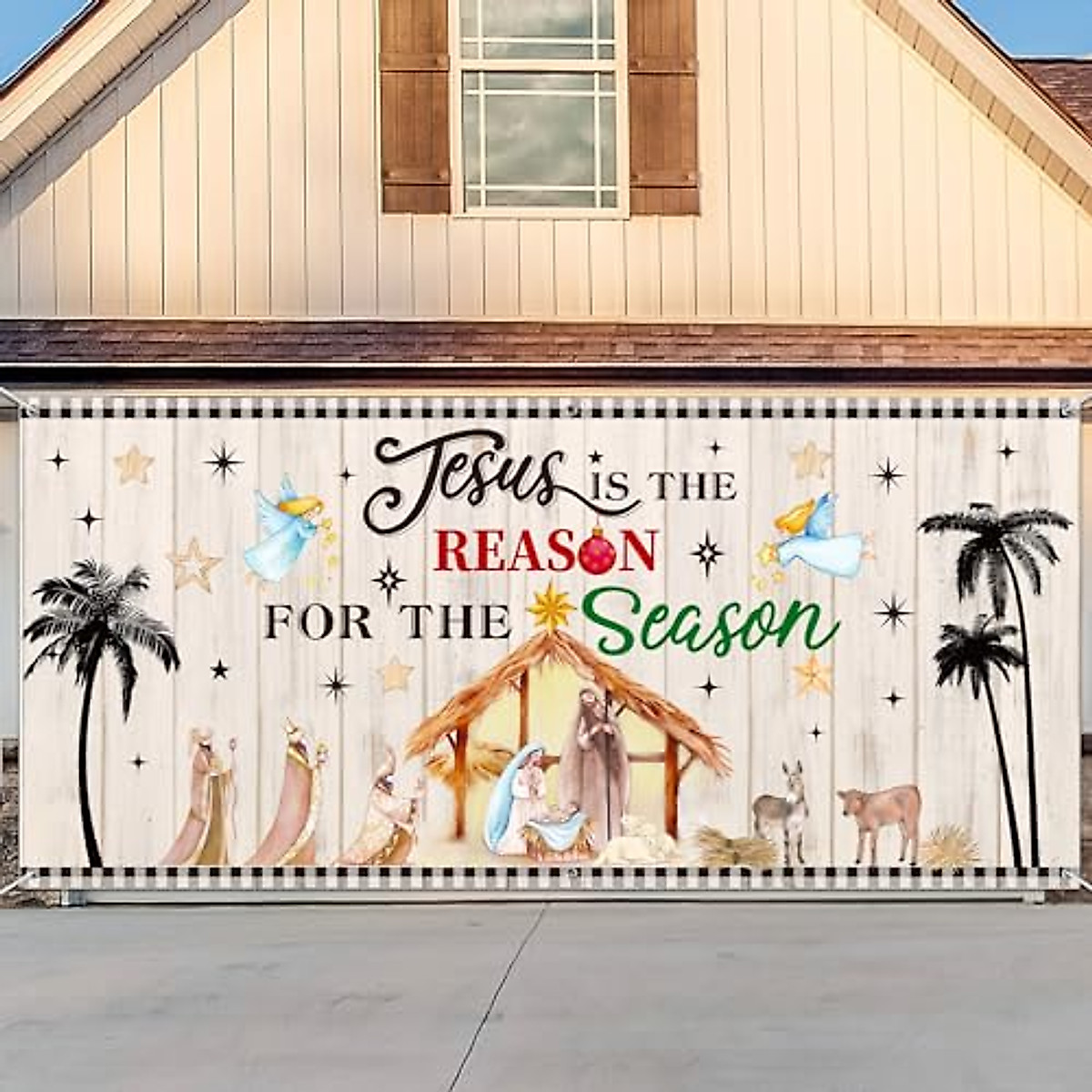 Outus Nativity Garage Door Cover Christmas Jesus is The Reason for The Season Nativity Nativity Scene Backdrop Religious Banner Background for Xmas Holiday Outdoor Home Party Supplies 13 x 6 ft