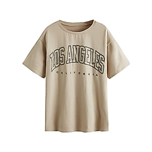 SOLY HUX Women's Graphic Oversized Tees Letter Print Summer Tops Vintage Half Sleeve Loose Casual T Shirts Beige/Black M