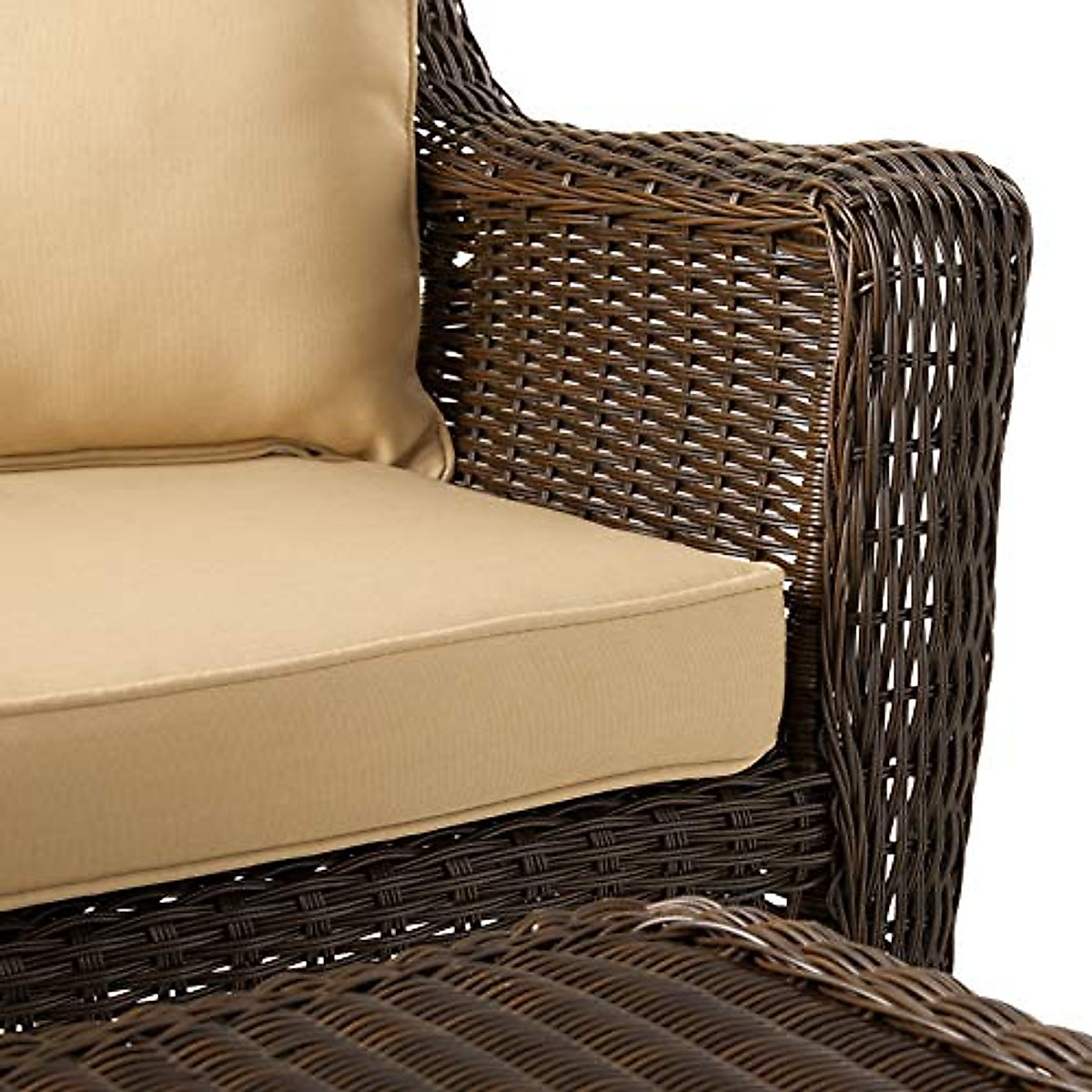 Jeco Wicker Patio Love Seat and Coffee Table Set with Tan Cushion, Espresso
