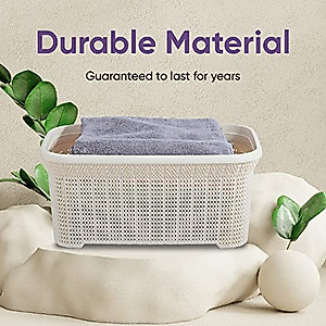 Plastic Laundry Basket Small Storage Hamper Basket, 2 Pack Cream Cloths Basket Organizer with Cut-Out Handles. Space Saving for Laundry Room Bedroom Bathroom, Knit Design 40 Liter.