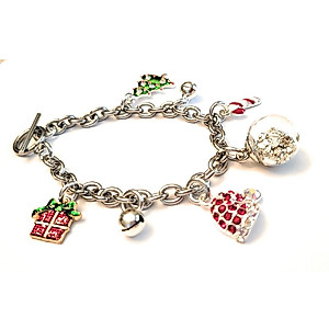Christmas Tree Charm Bracelet with Snow Globe Present Candy Cane Santa Claus Hat Jingle Bells