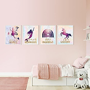 MTL HOE Unicorn Rainbow Fairy Mermaid Girls Room Bedroom Wall Decor Art Prints, Inspirational Kids Children’s Posters, Birthday Party, Bedroom, Bathroom, Playroom (set of 4, 8’’ x 10’’, Unframed)