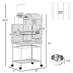 PawHut 55" Large Parrot Cage with Toy Hooks Above Top Bird Perch, Tray, Food Cups, Rolling Stand, Bird Cage for Cockatiels, Parakeets, Lovebirds