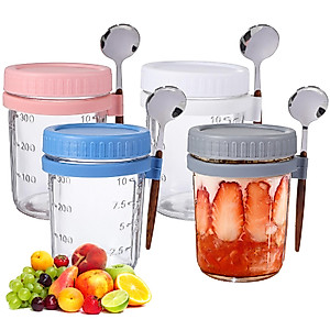 Luxshiny 4PCS Overnight Oats Containers, 14 oz Meal Prep Jars Glass Overnight Oats Jar With Lids And Spoons Large Mouth Mason Jars for Yogurt Milk Cereal