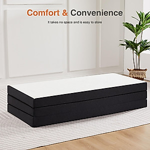 Sweetcrispy Folding Mattress, 4 inch Tri-fold Memory Foam Mattress Topper for Camping, Foldable Mattress Topper with Washable Cover, Guest - Queen Size, White