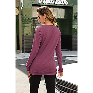 Womens Tops Ladies Long Sleeve Fall Shirts V Neck Casual Blouses Loose Fitting Tees Plain Color Tunics Dressy Clothes Style Fashion Trending Camisas Blusas de Mujer Moda Playeras Fuchsia Large