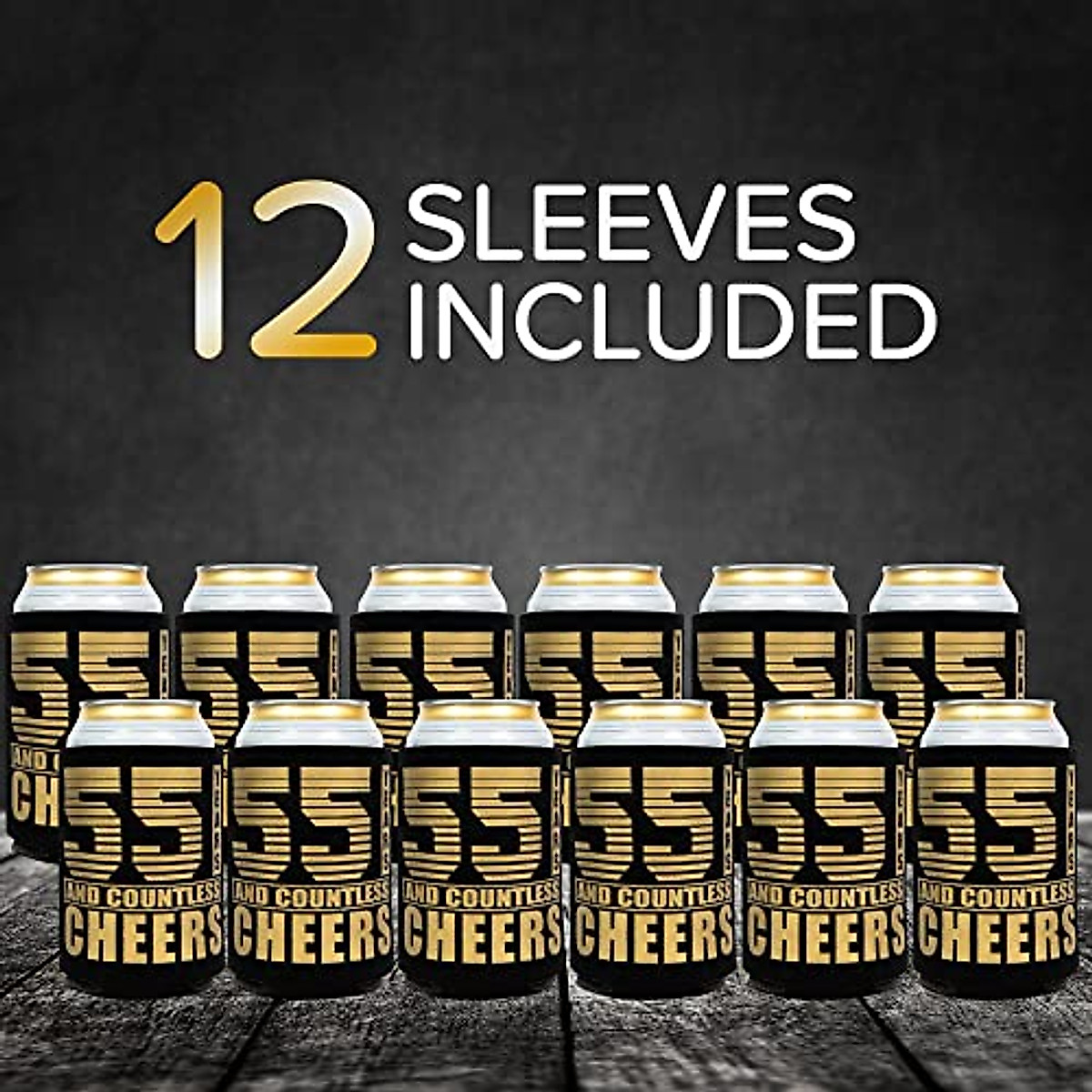 55th Birthday Decorations - 55 Years & Countless Cheers Can Coolers - 12 Pack, Drink Thermocooler, Fun Birthday Gift for Women & Men, Insulated, Fade-Resistant - Gold Coastal (55 Years)