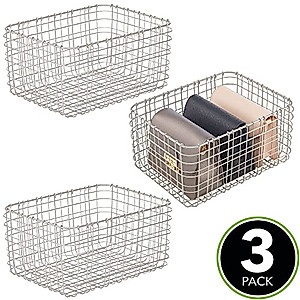 mDesign Farmhouse Decor Metal Wire Storage Basket Bin for Storage & Organizing Closets, Shelves, and Cabinets in Bedrooms - Holds Shirts, Purses, Leggings, Scarfs, Hats - 12" x 9" - 3 Pack - Satin