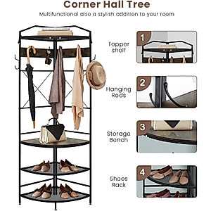 LTTROMAT 4-Tier Corner Hall Tree with Shoe Bench, Entryway Coat Rack with Storage, Industrial Corner Clothes Rack with 6 Metal Hooks and Wooden Storage Shelves