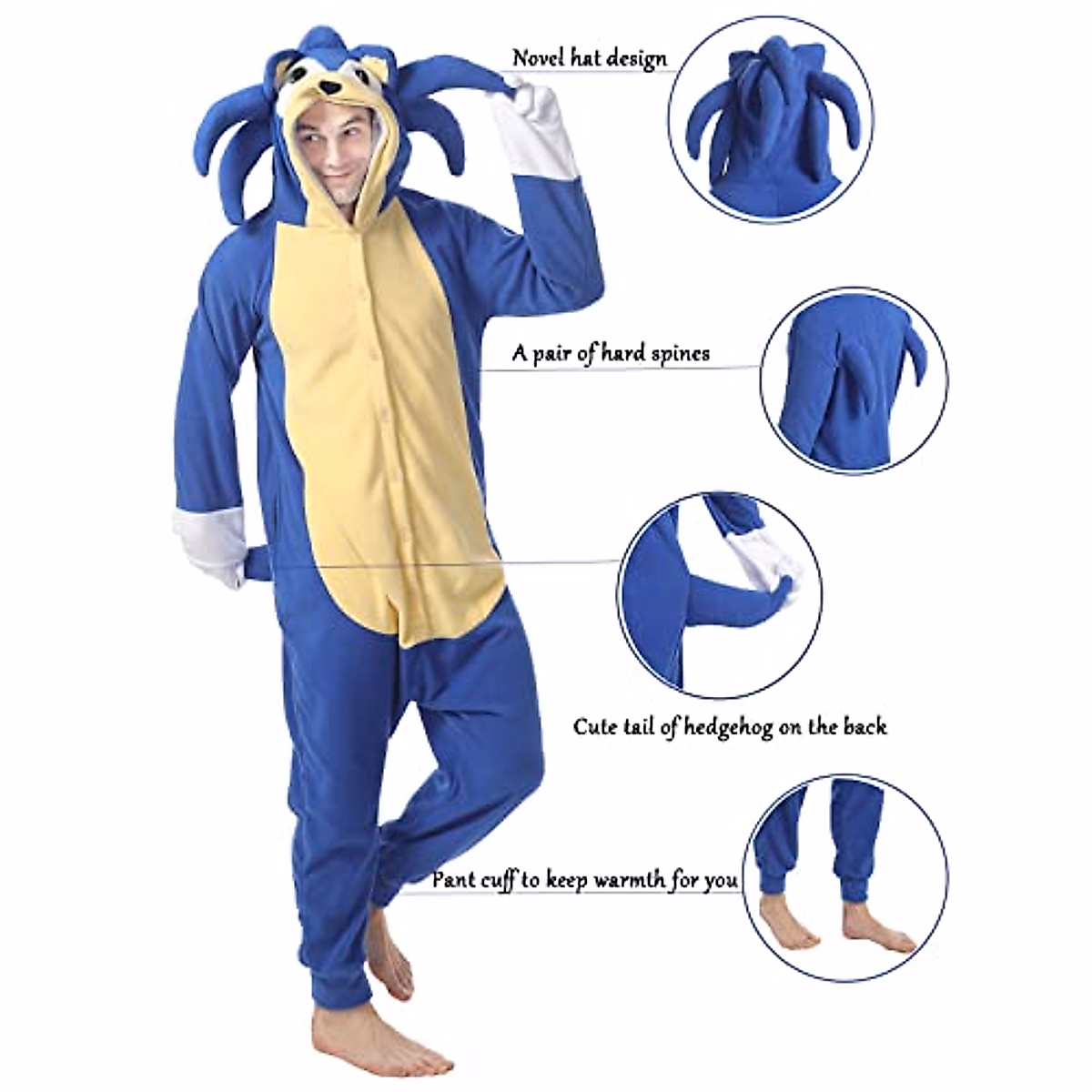 Oiziuzio Adult Animal Onesies Unisex Holloween Costume Hedgedog Pajamas for Women Men Blue L