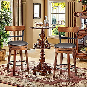 COSTWAY Bar Stools Set of 2, 360-Degree Swivel Stools with Leather Padded Seat, Single Slat Ladder Back & Solid Rubber Wood Legs, Counter Height Stools for Pub, Restaurant, Kitchen, Brown (2, 25.5)