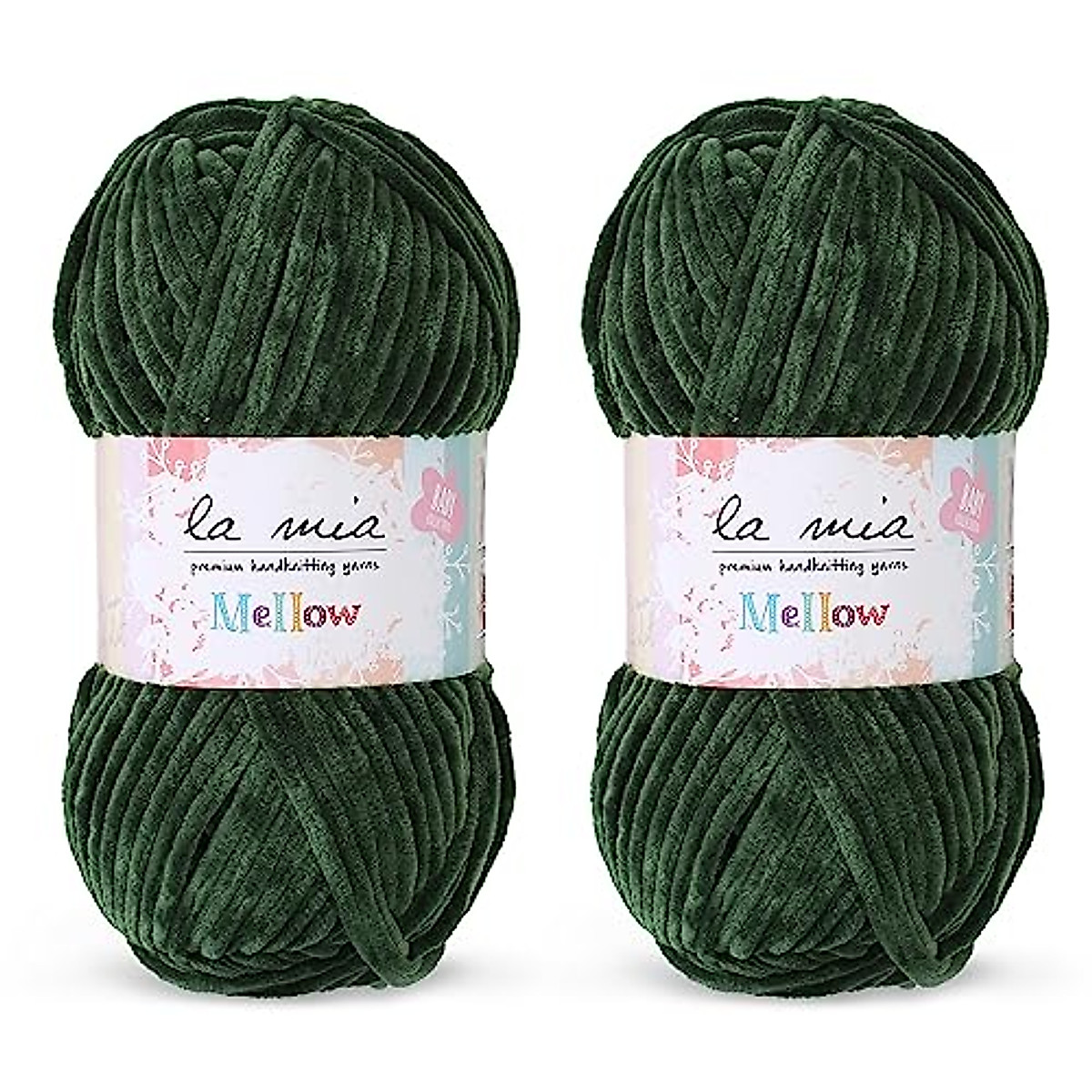 2 Skein La Mia Mellow Velvet Chenille Yarn for Knitting and Crocheting Baby Clothes, Blankets and Accessories, 100% Polyester, 100 gr (3.5 oz) / 115 m (125 Yards), Super Bulky, Green - 938