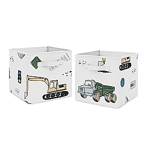 Sweet Jojo Designs Construction Truck Foldable Fabric Storage Cube Bins Boxes Organizer Toys Kids Baby Childrens - Set of 2 - Grey Yellow Black Blue and Green Transportation