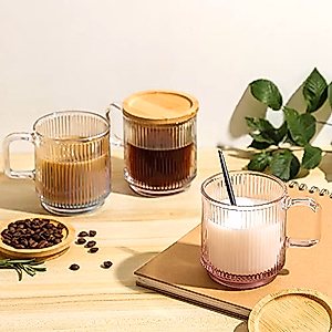 Lysenn Iridescent Glass Coffee Mug with Lid - Premium Classical Vertical Stripes Glass Tea Cup - for |Latte|Tea|Chocolate|Juice|Water| - Unleaded - Bamboo Lid - 12.5 Ounces