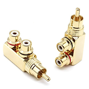 LOCHSOEL RCA Splitter Adapter,Right Angle RCA Male to 2 RCA Female AV Splitter Adapter Gold Plated Connector(2Pack)