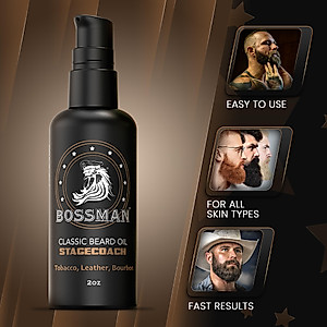 Bossman 2 oz Organic Beard Oil for Men with Jojoba Oil, Argan Oil, Coconut Oil, Avocado Oil for Beard Growth - Beard Growth Oil for Men, Scent (Stagecoach)