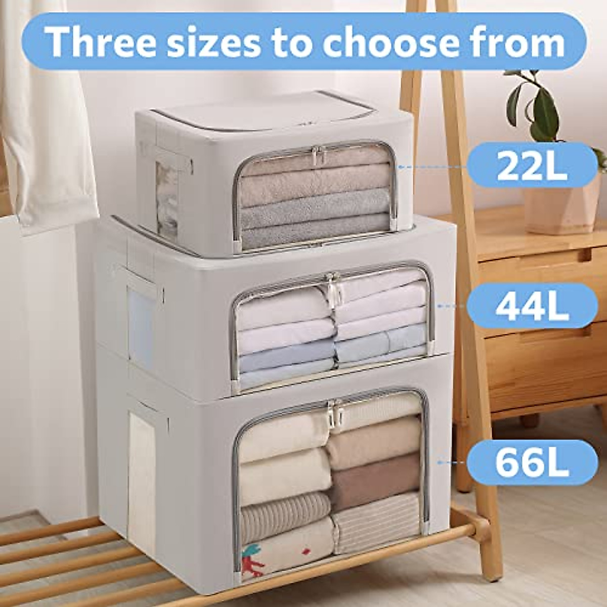 3Pack Frame Storage Box - Clothes Storage Bin Bags Oxford Fabric Foldable Stackable Container Organizer Set with Clear Window & Carry Handles Large Capacity (Grey, Large-66L)