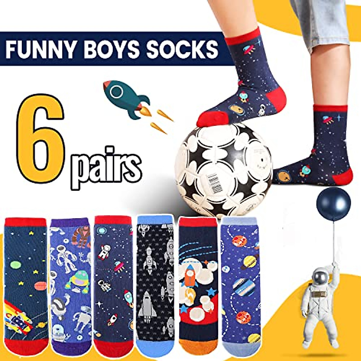 Anlisim Boys Kids Socks Fun Crazy Novelty Funny Crew Cotton Teenage Boy Children Socks 6 Pairs Gift Stocking Stuffers(Rocket,9-14Y)