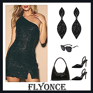 Flyonce Women's Rhinestone Crystal Wedding Bridal 2 Leaf Drop Dangle Chandelier Earrings Deep Black