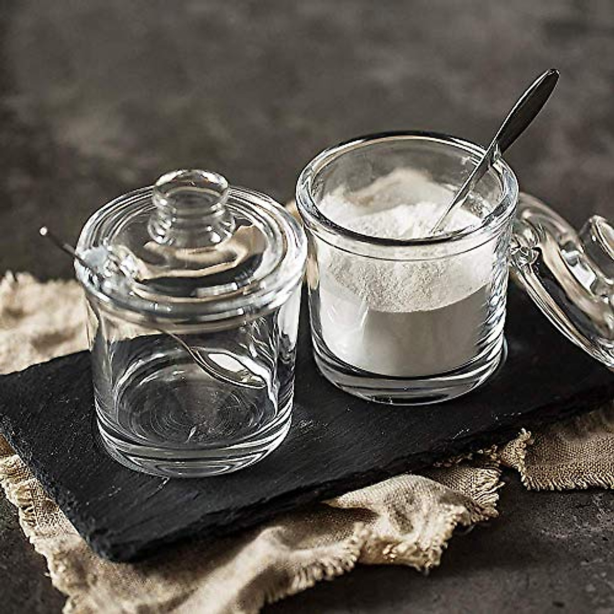 Classic Clear Glass Sugar Bowl with Lid Serving Spoon Salt Pot Pepper Storage Jar Seasoning Pot Dispenser Container Sugar Box Condiment Spice Racks Holder for Home Kitchen