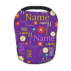 Colorful Flowers Purple Personalized Baby Car Seat Covers with Name, Custom Nursing Cover Breastfeeding Scarf Soft Breathable Stretchy Coverage, Infant Stroller Cover for Boys Girls
