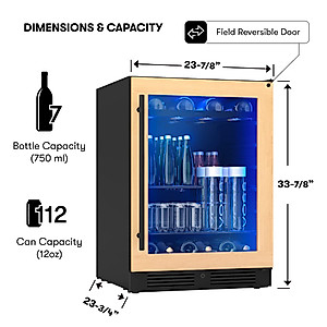 Zephyr Presrv Series 24 Inch Stainless Steel Freestanding or Built In Beverage Center 7 bottles, 108 12 oz cans (Door handle sold separately, and wood panel not included.)