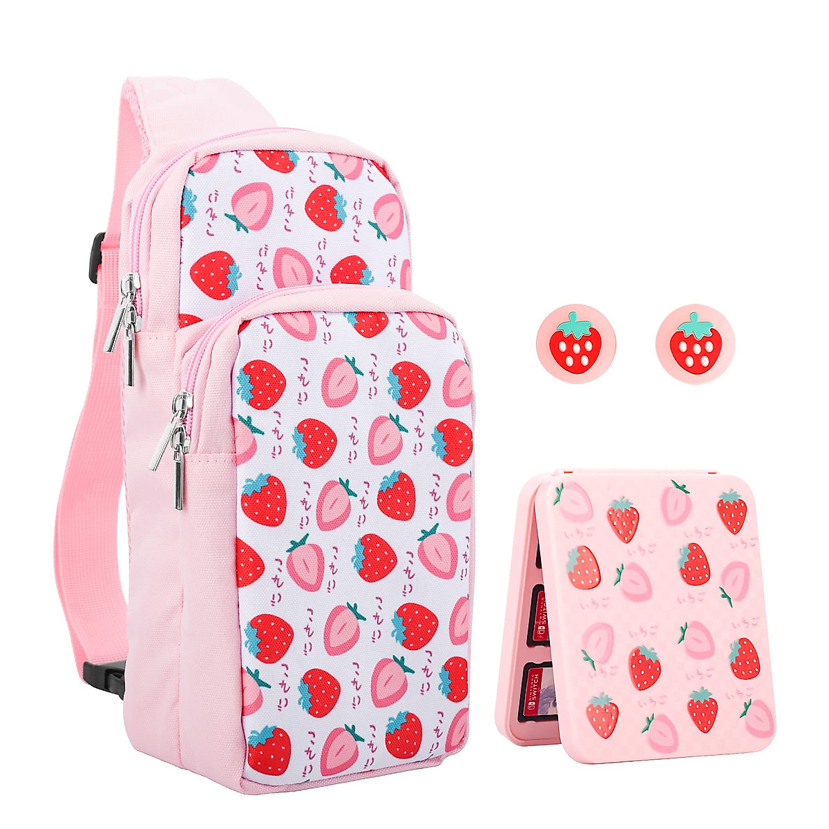 RHOTALL Pink Travel Bag for Nintendo Switch/Lite/OLED,Large Capacity Portable Carrying Case Compatible for Chest Shoulder Accessories Storage Backpack with12 Slots Game Case,Thumb Grip Caps-Strawberry