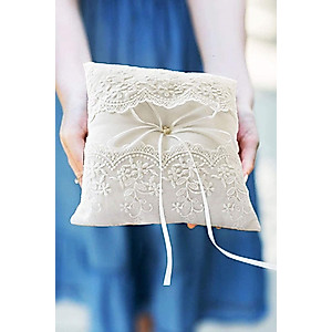 ATAILOVE Wedding Ring Pillow, Lace Pearl Ivory Ring Bearer Cushion for Wedding Party