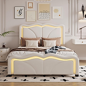 MERITLINE Twin Size Bed with Height-Adjustbale Headboard & LED Light Strips, Upholstered Twin Platform Bed Frame for Bedroom, White