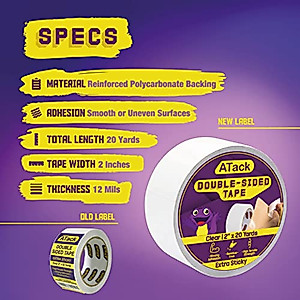 ATack Extra Sticky Clear Double-Sided Tape, Removable, 2-Inch x 20-Yards - Wall Safe Heavy-Duty Double Sides Self Sticky Wall Fabric Tape for Wood Templates, Furniture, Leather, Curtains and Craft