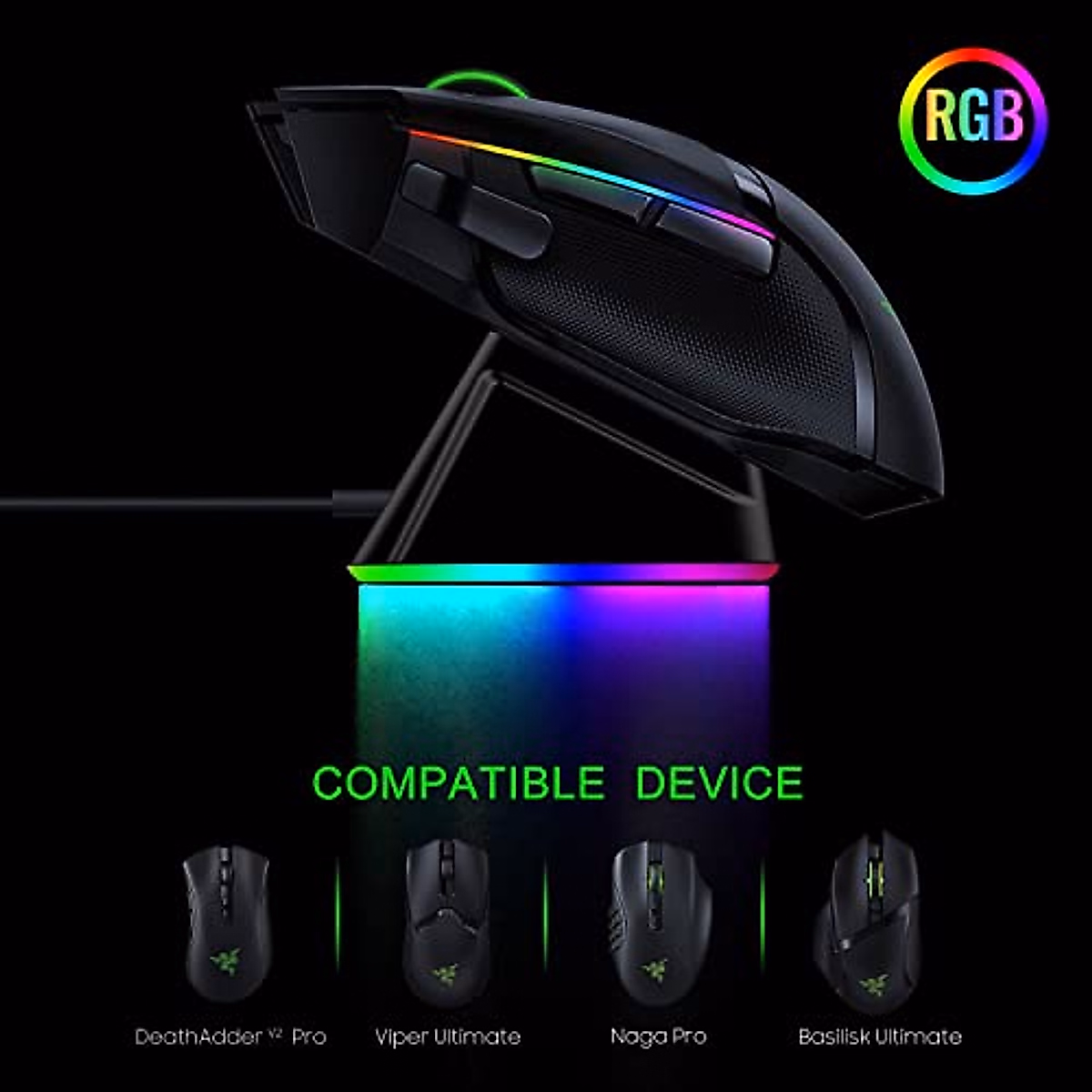 Charging Dock for Razer Wireless Mouse Viper Ultimate Naga pro DeathAdder V2 Pro and Basilisk Ultimate RGB Lights Can Be Turn Off (USB Cable Included)