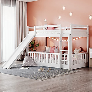 Twin Over Twin Bunk Bed with Slide, Floor Bunk Bed for Kids Toddlers, Wood Low Frame with Ladder and Fence for Boys Girls Teens, White