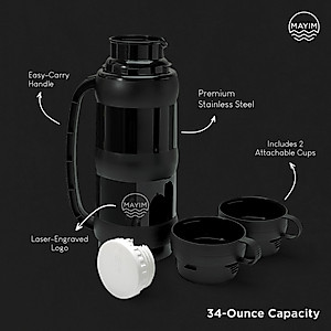 Mayim King Stainless-Steel Vacuum-Insulated Thermos Beverage Bottle with 2 Cups, 34 Ounces, Black, H14039WB