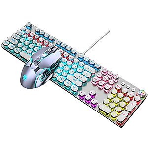Gaming Keyboard,Retro Punk Typewriter-Style,9 Lighting Effects USB Wired, for PC Laptop Desktop Computer, for Game and Office, Stylish Mechanical Keyboard and Mouse Set E-Sports Game Set (White)