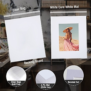 Acid Free 5 Pack 11x14 Pre-Cut Mat Board Show Kit for 8x10 Photos, Prints or Artworks, 5 Core Bevel Cut Matts and 5 Backing Boards and 5 Crystal Plastic Bags, White