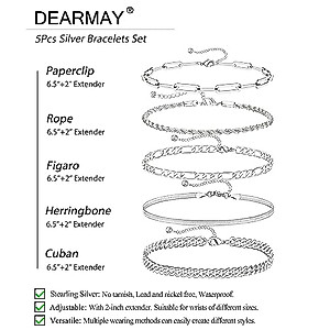 DEARMAY Sterling Silver Chain Bracelets for Women Trendy Silver Jewelry Set for Women Cuban Link Bracelets Figaro Paperclip Rope Herringbone Bracelet Pack Gifts for Women Girls